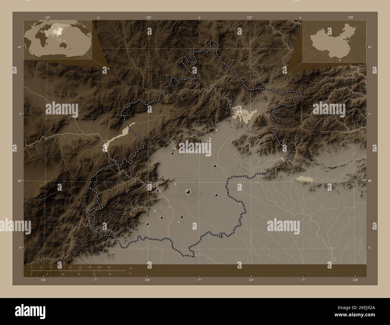 Beijing, municipality of China. Elevation map colored in sepia tones ...