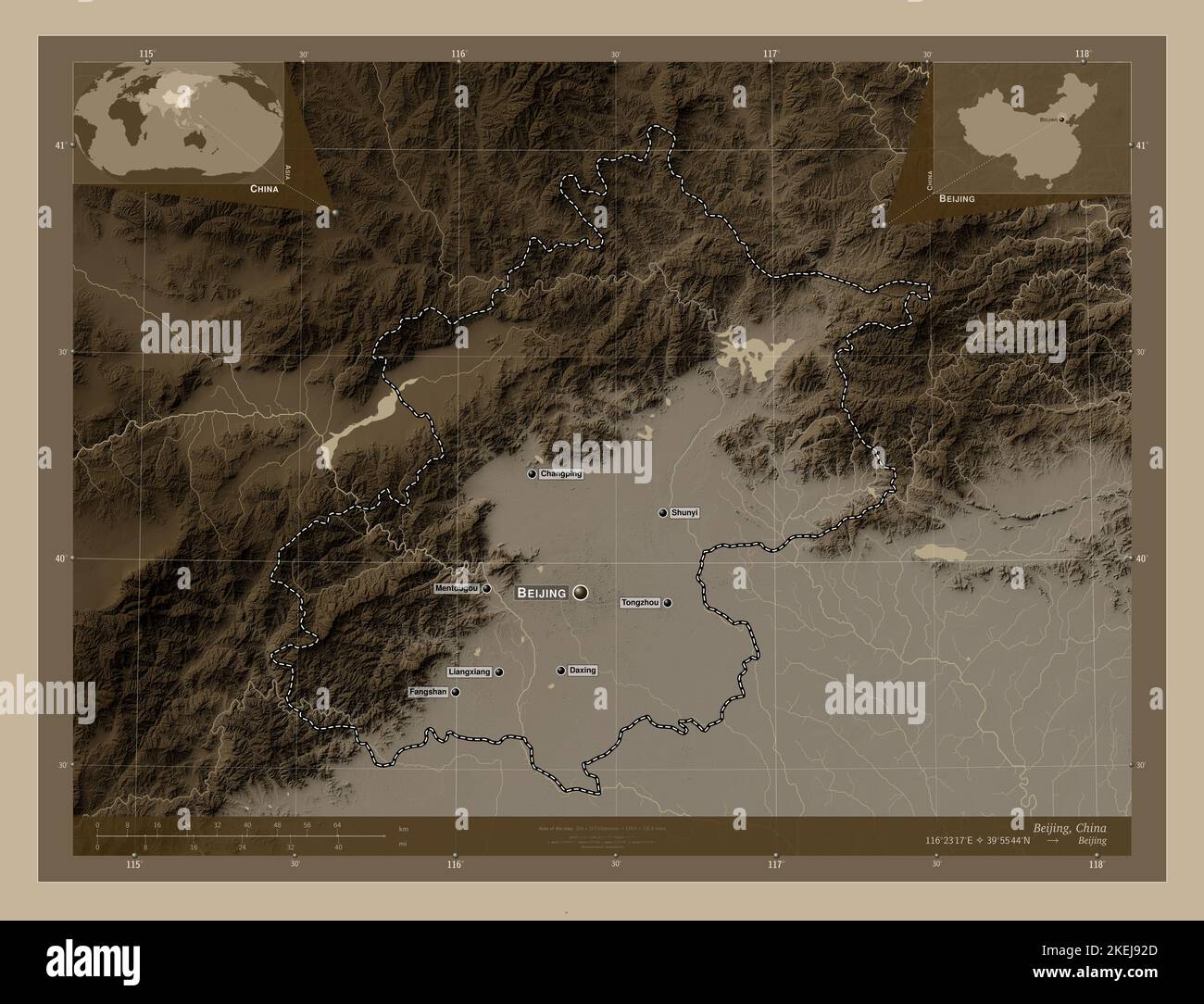Beijing, municipality of China. Elevation map colored in sepia tones ...