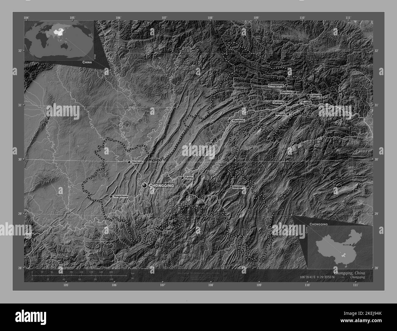 Chongqing, municipality of China. Bilevel elevation map with lakes and ...
