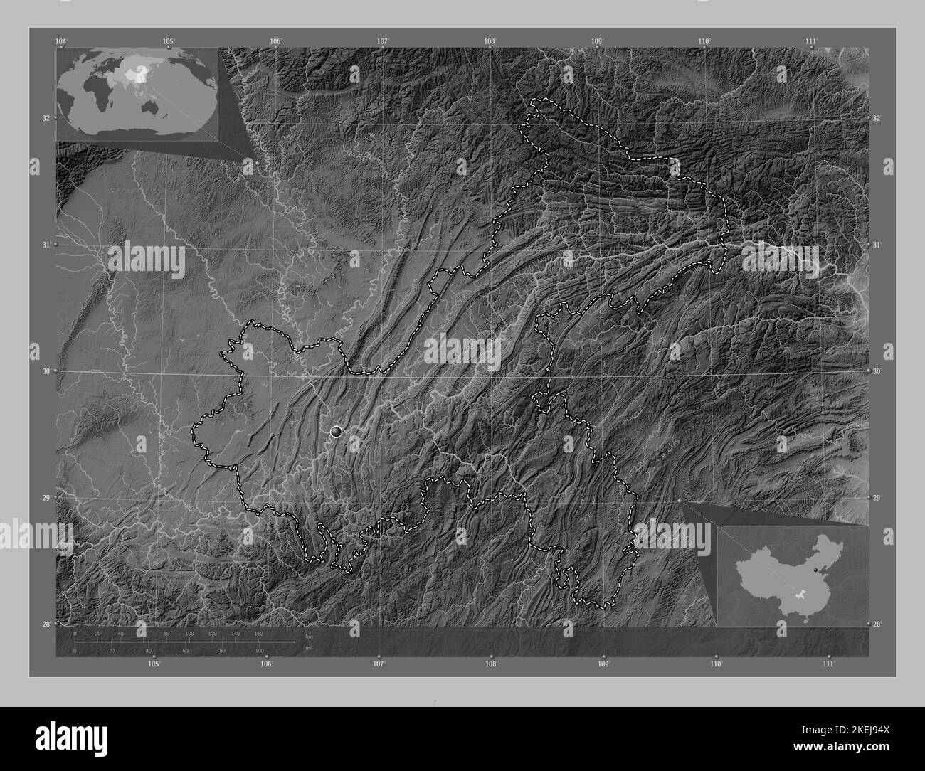 Chongqing, municipality of China. Grayscale elevation map with lakes ...