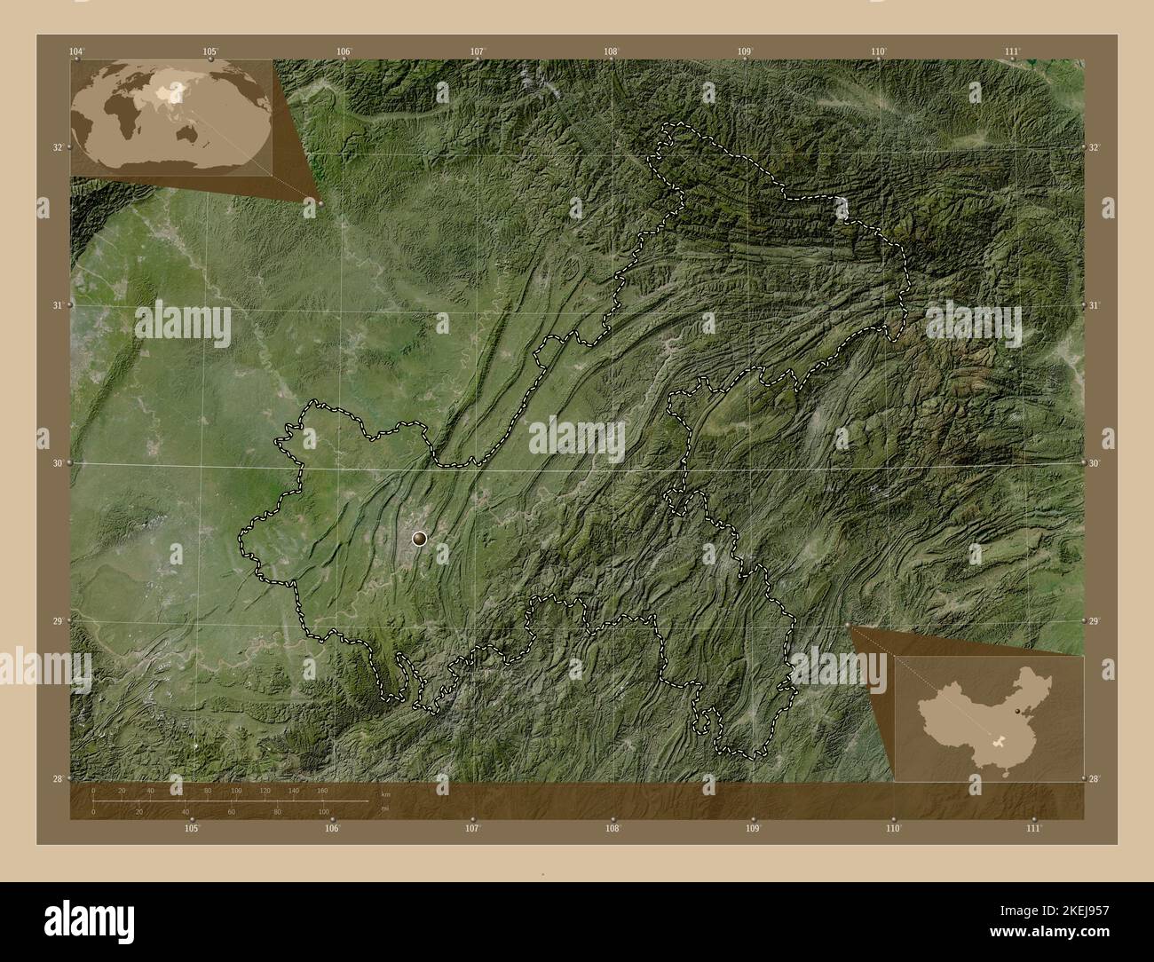 Chongqing, municipality of China. Low resolution satellite map. Corner ...