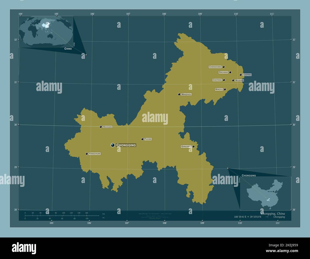 Chongqing, municipality of China. Solid color shape. Locations and ...