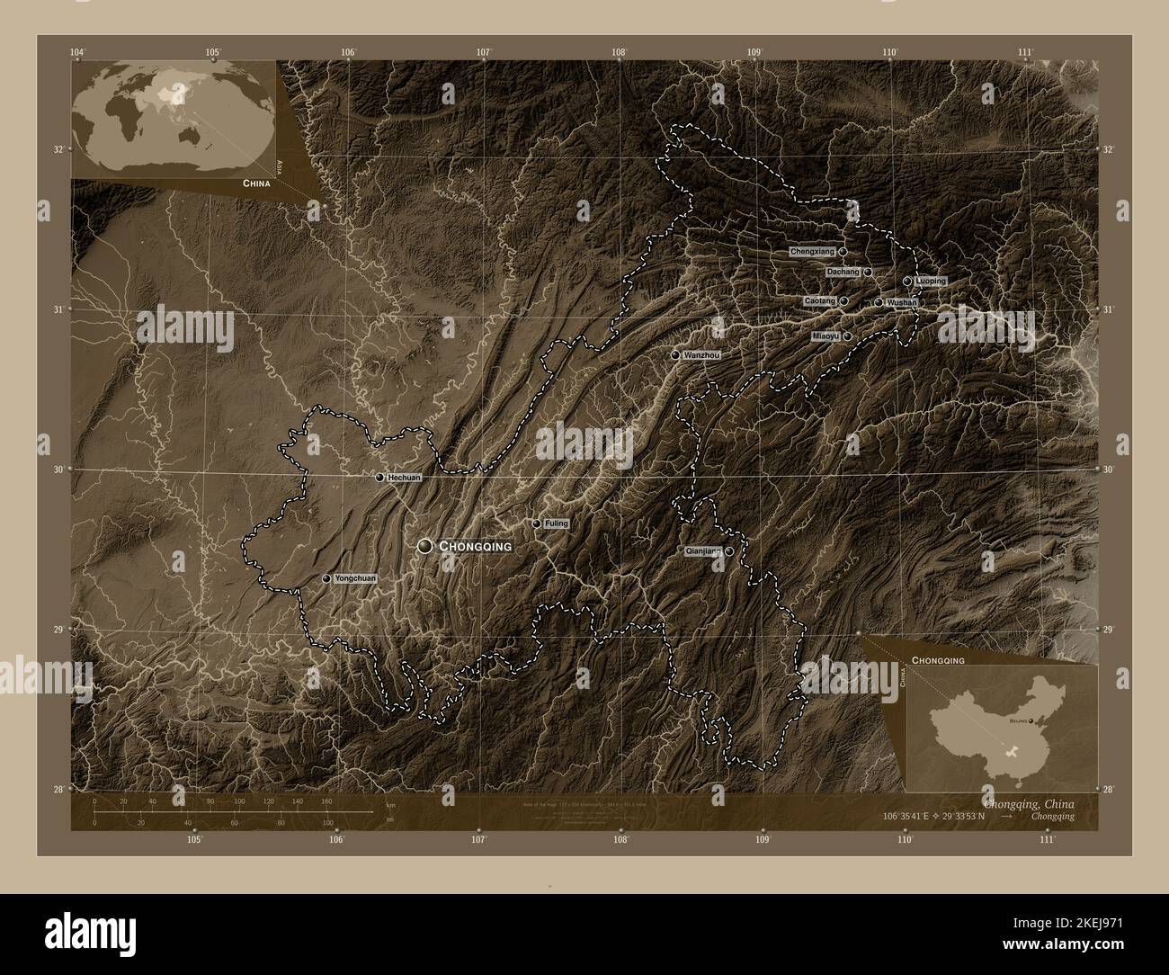 Chongqing, municipality of China. Elevation map colored in sepia tones ...