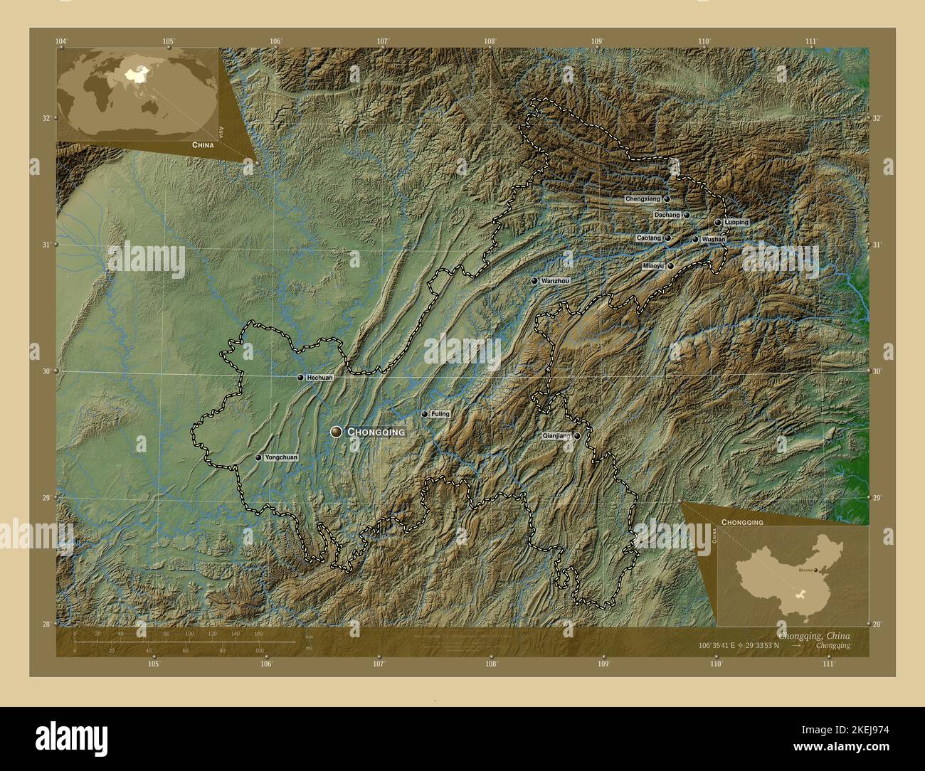 Chongqing, municipality of China. Colored elevation map with lakes and ...