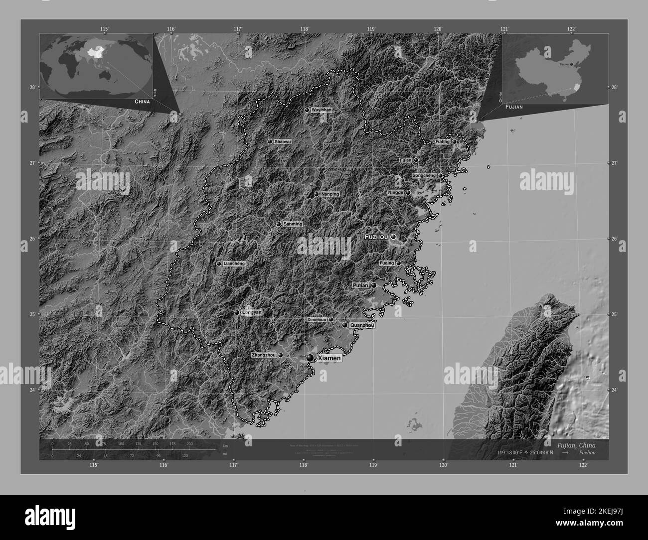 Fujian, province of China. Bilevel elevation map with lakes and rivers ...