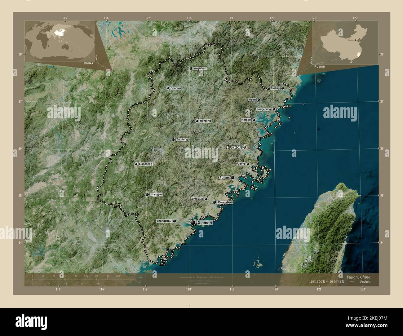 Fujian, province of China. High resolution satellite map. Locations and ...