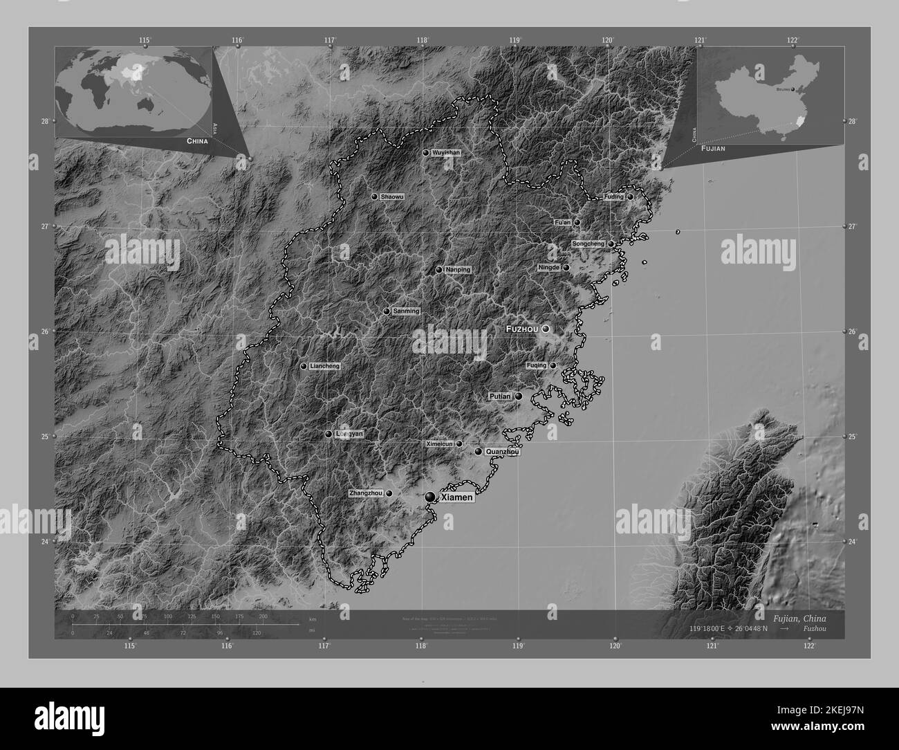 Fujian, province of China. Grayscale elevation map with lakes and ...