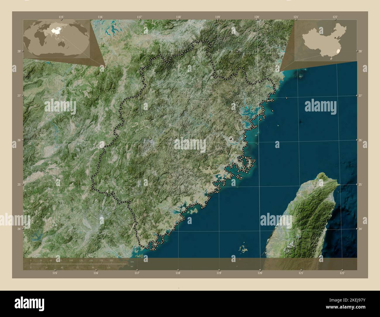 Fujian, province of China. High resolution satellite map. Corner ...