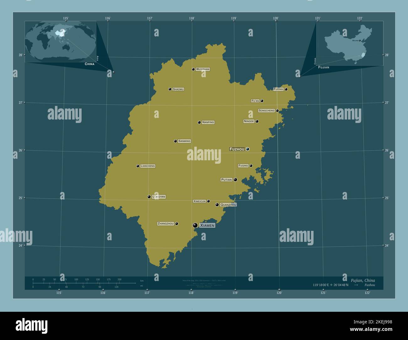 Fujian, province of China. Solid color shape. Locations and names of ...