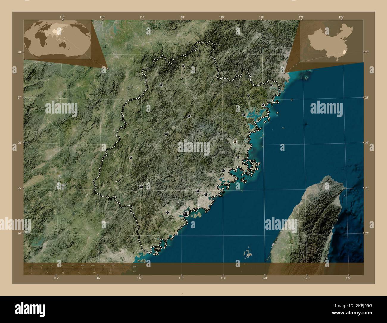 Fujian, province of China. Low resolution satellite map. Locations of ...