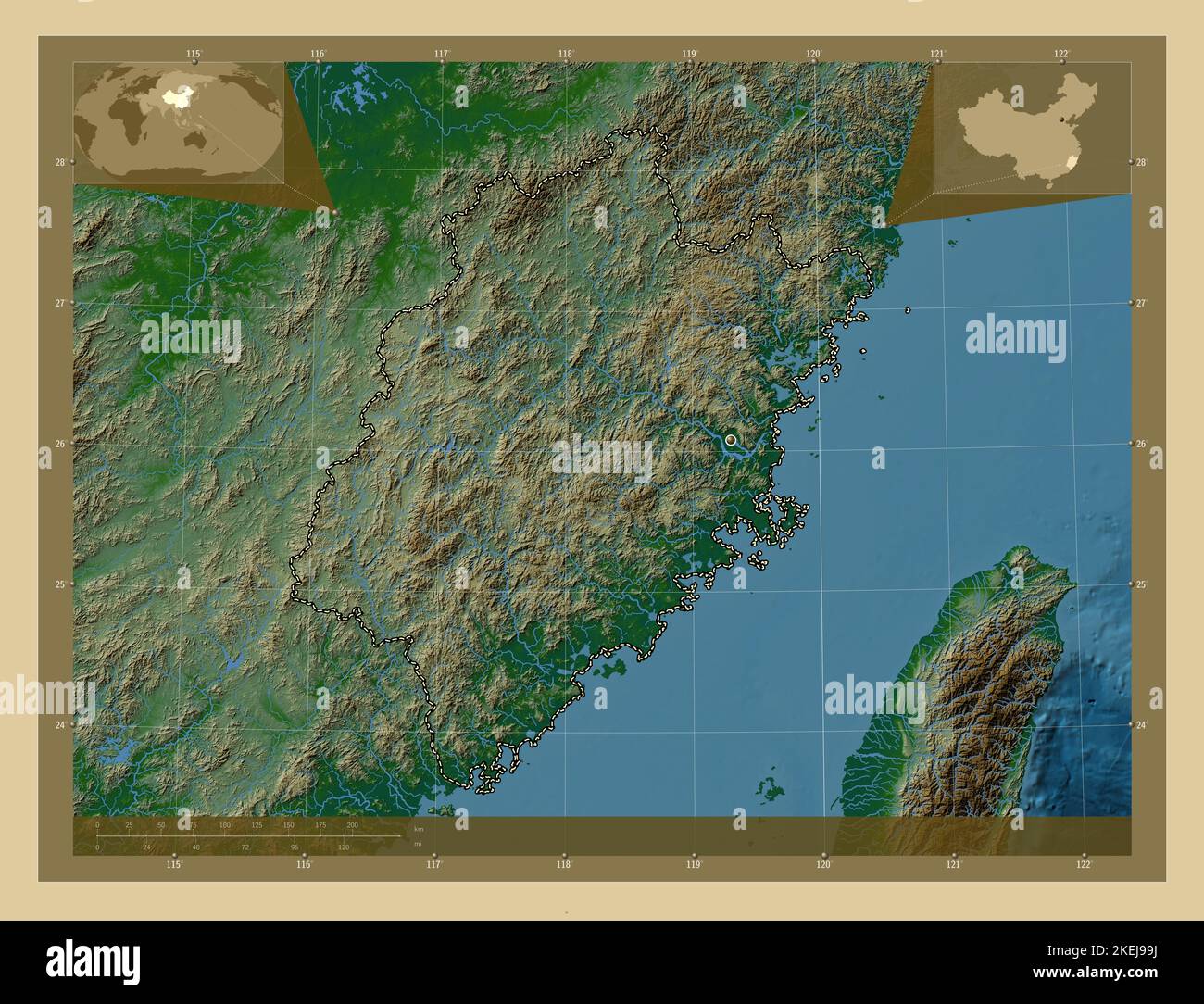 Fujian, province of China. Colored elevation map with lakes and rivers ...