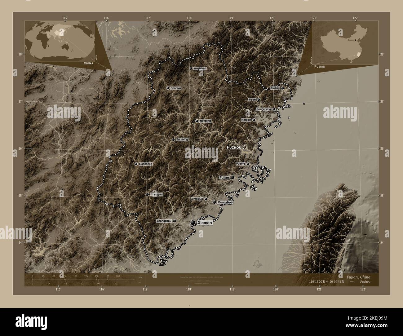 Fujian, province of China. Elevation map colored in sepia tones with ...