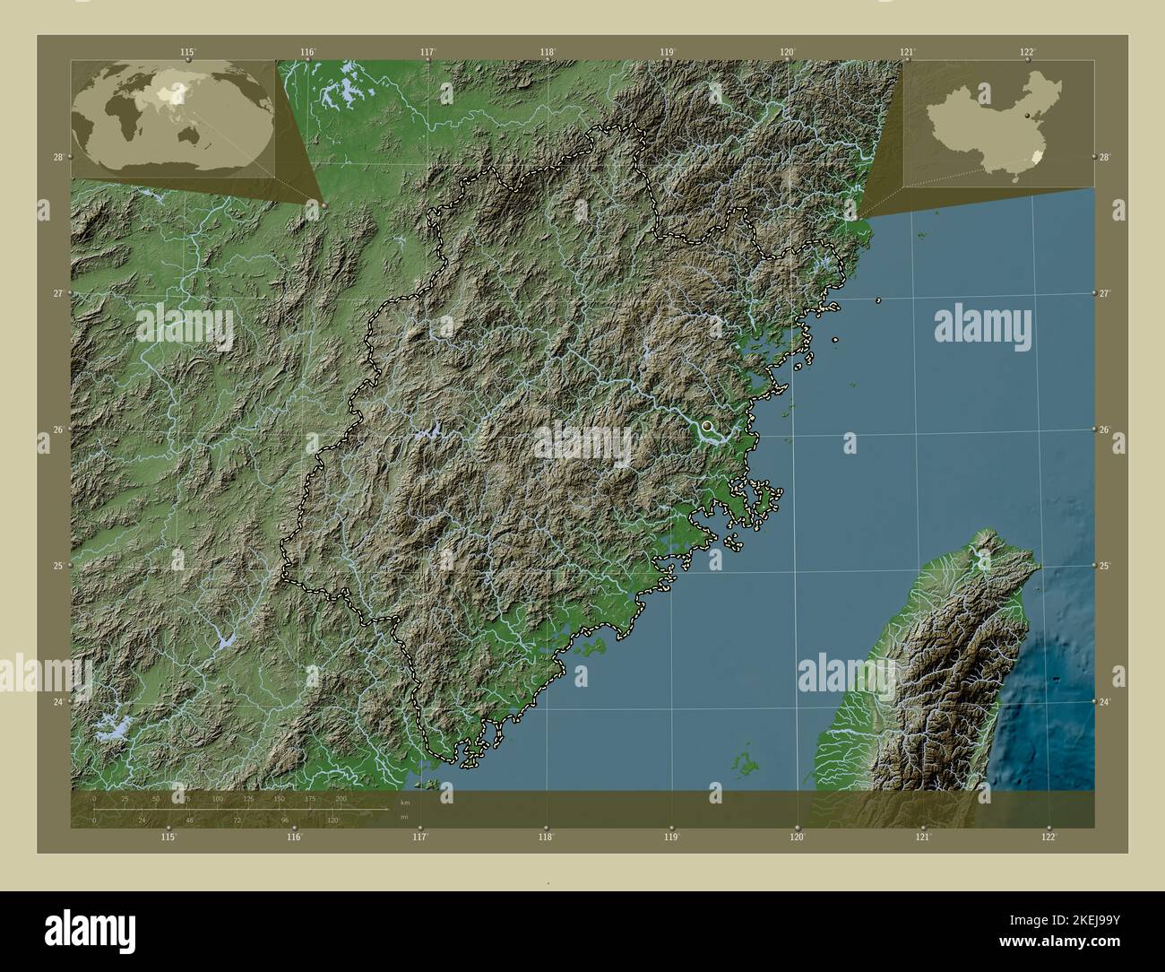Fujian, province of China. Elevation map colored in wiki style with ...