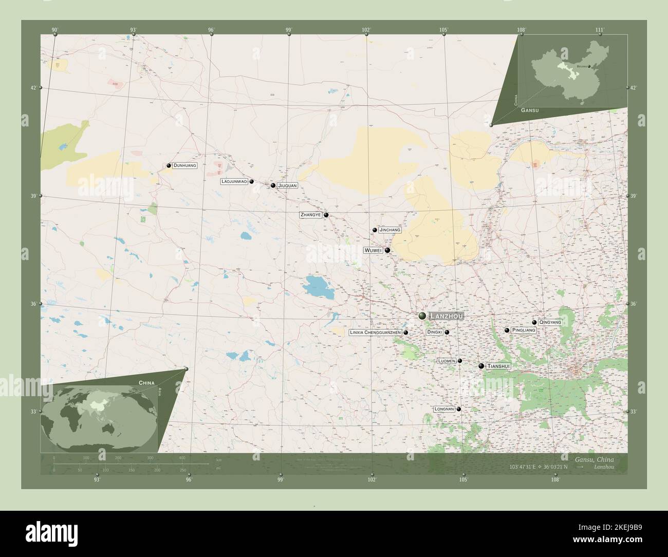 Gansu, province of China. Open Street Map. Locations and names of major ...