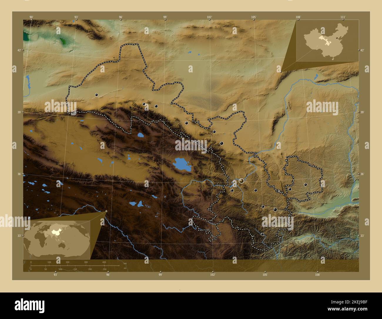 Gansu, province of China. Colored elevation map with lakes and rivers ...
