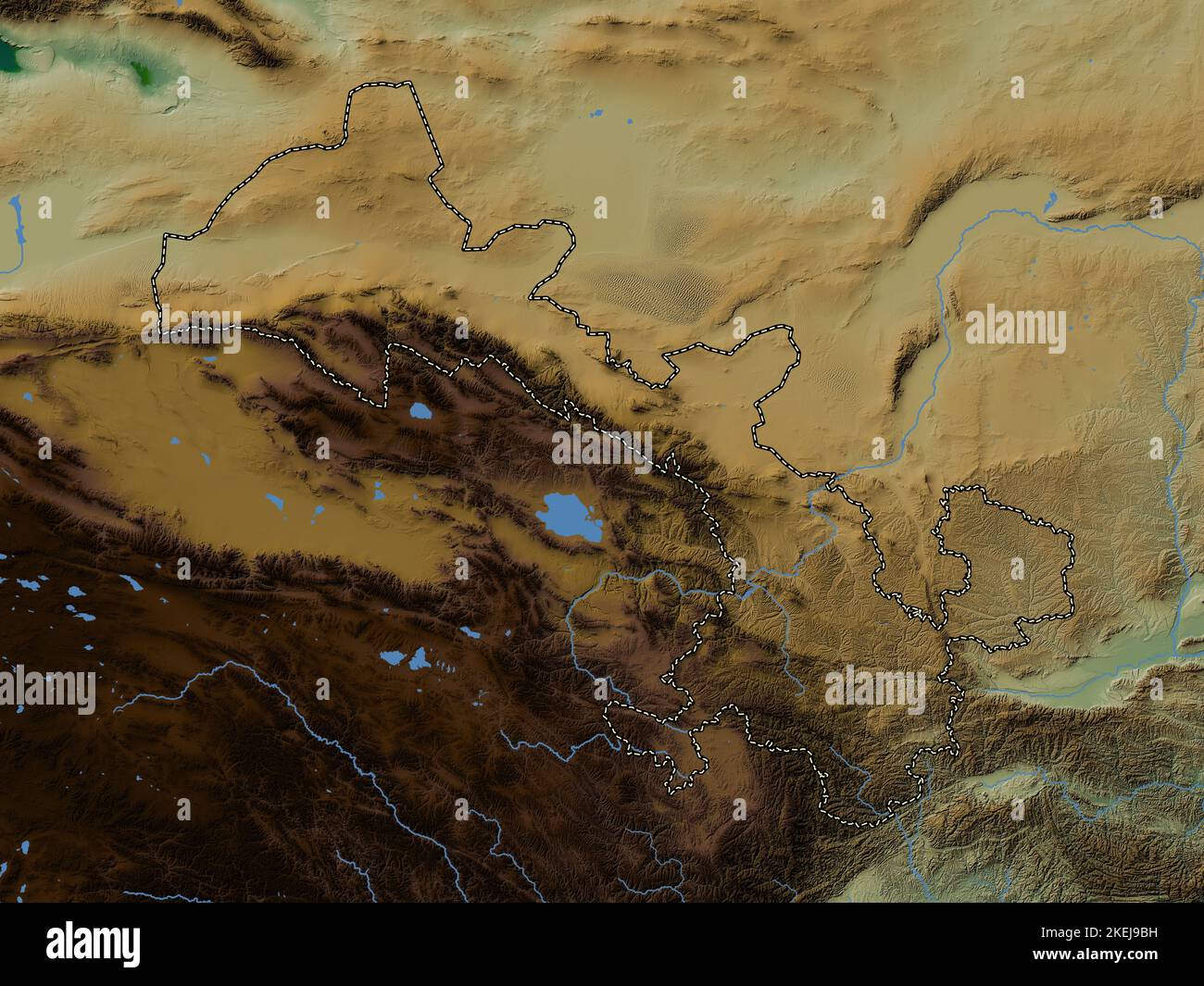 Gansu, province of China. Colored elevation map with lakes and rivers ...