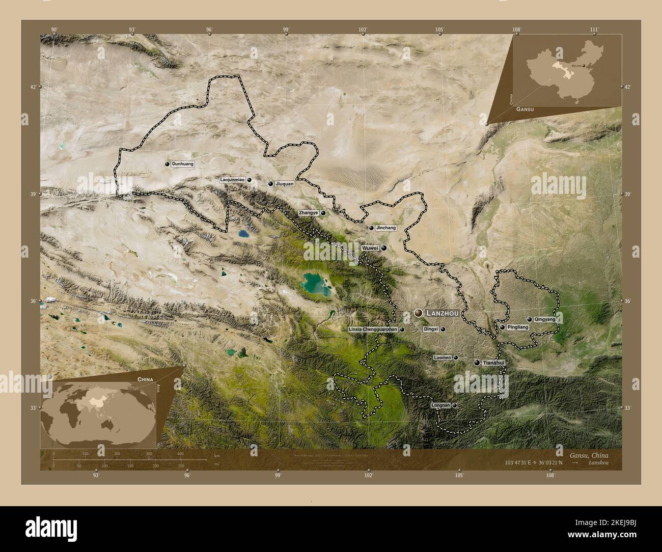 Gansu, province of China. Low resolution satellite map. Locations and ...