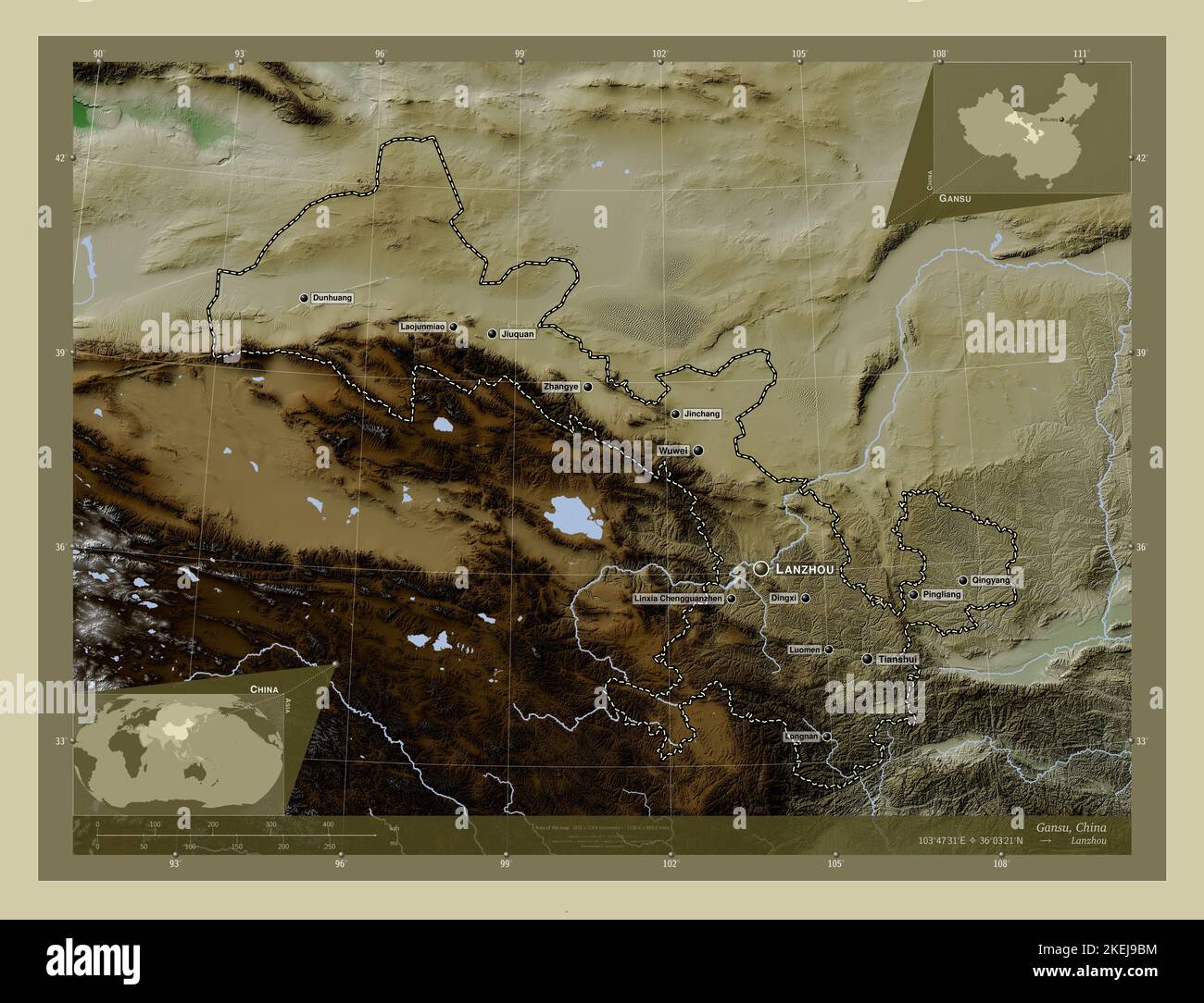 Gansu, province of China. Elevation map colored in wiki style with ...