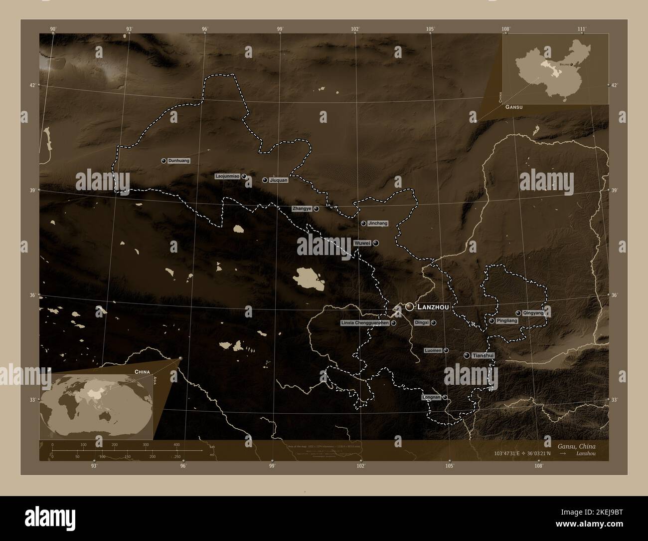 Gansu, province of China. Elevation map colored in sepia tones with ...