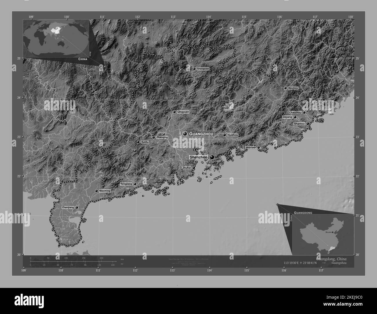 Guangdong, province of China. Bilevel elevation map with lakes and ...