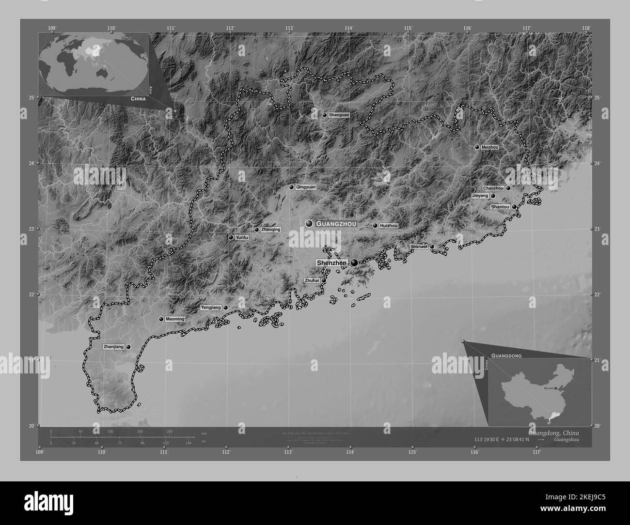 Guangdong, province of China. Grayscale elevation map with lakes and ...