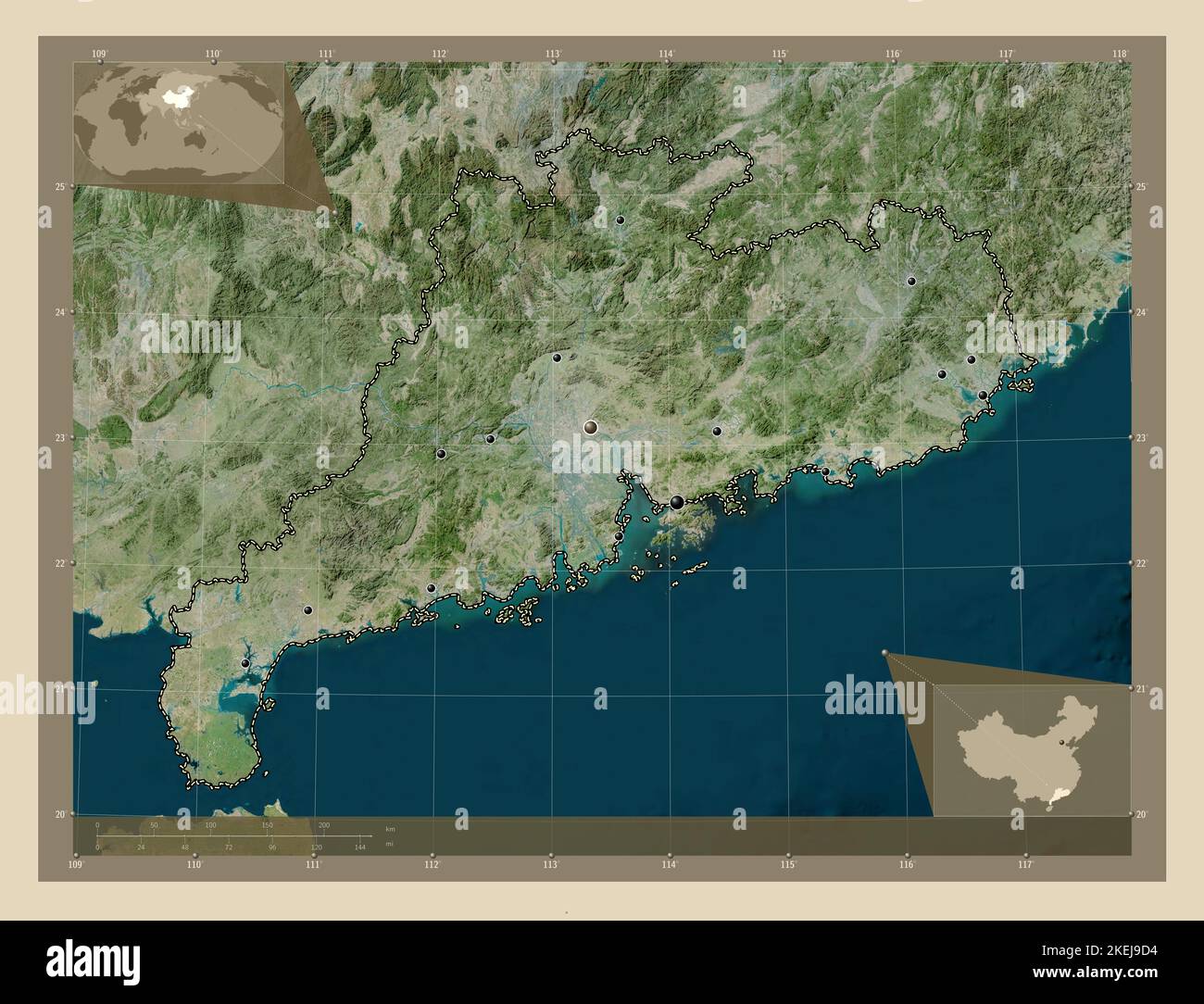 Guangdong, province of China. High resolution satellite map. Locations ...