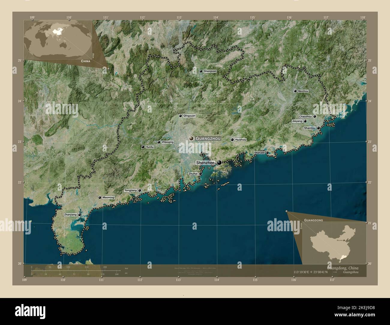 Guangdong, province of China. High resolution satellite map. Locations ...
