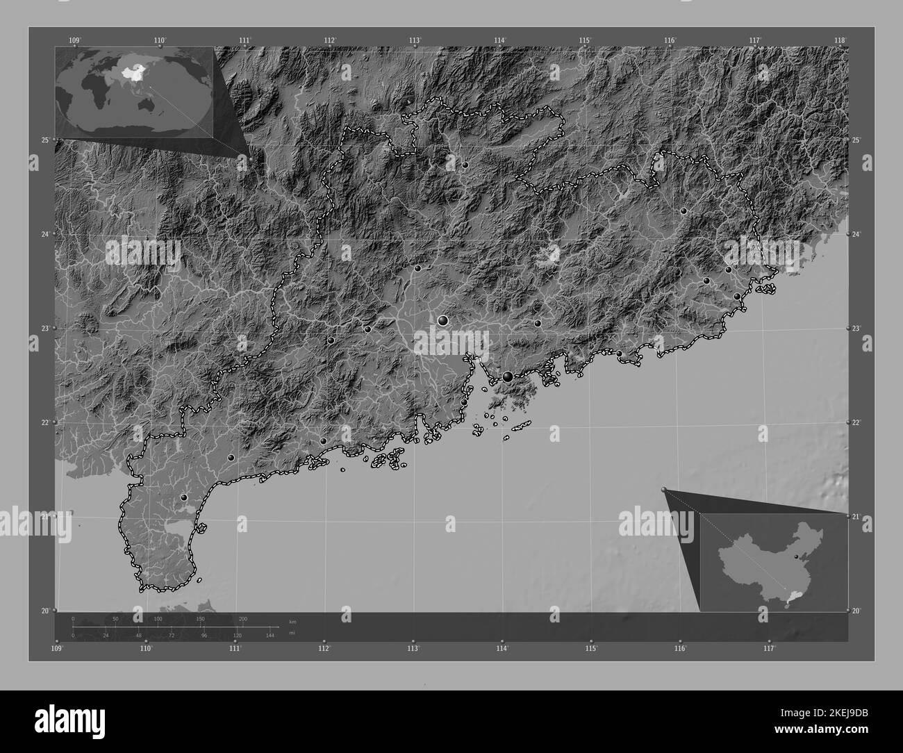 Guangdong, province of China. Bilevel elevation map with lakes and ...