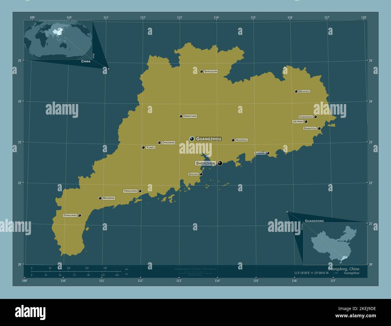 Guangdong, province of China. Solid color shape. Locations and names of ...