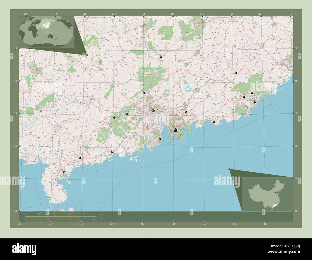 Guangdong, province of China. Open Street Map. Locations of major ...