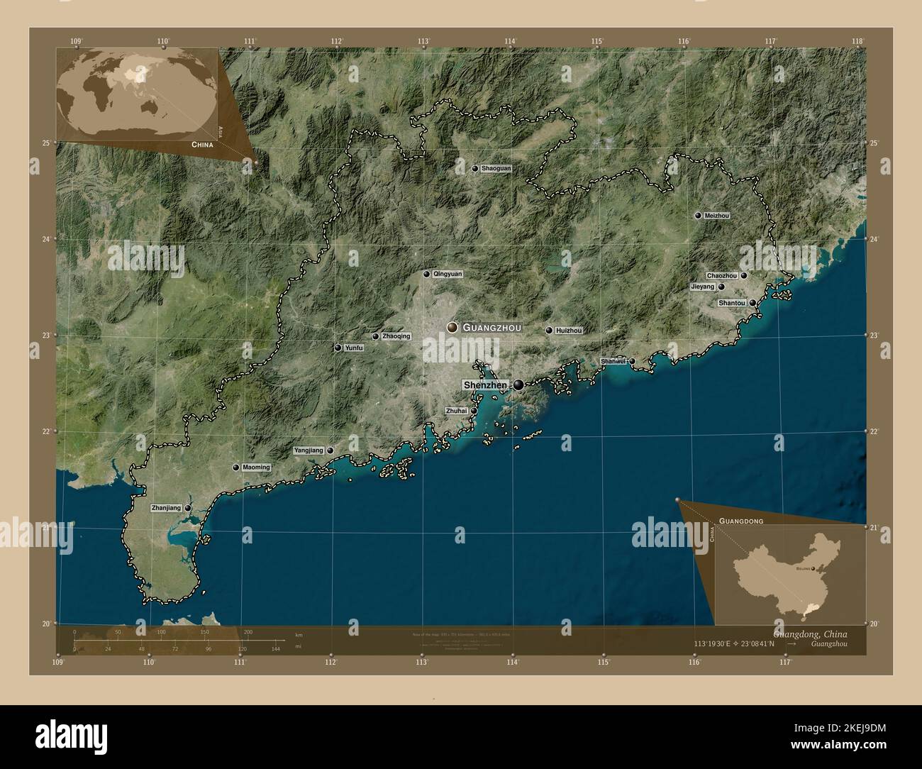 Guangdong, province of China. Low resolution satellite map. Locations ...