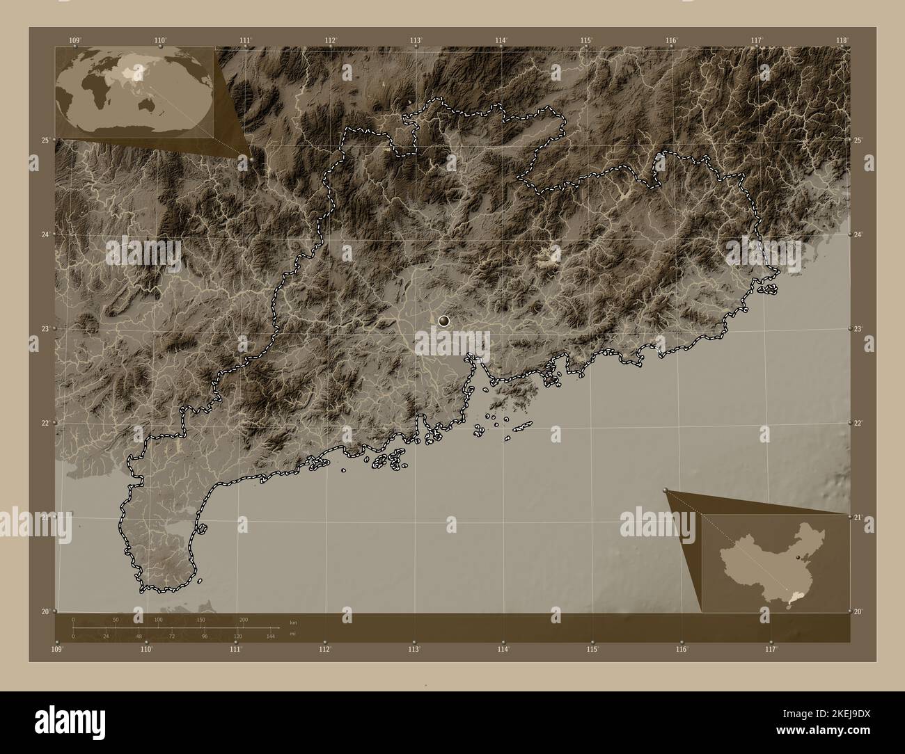 Guangdong, province of China. Elevation map colored in sepia tones with ...