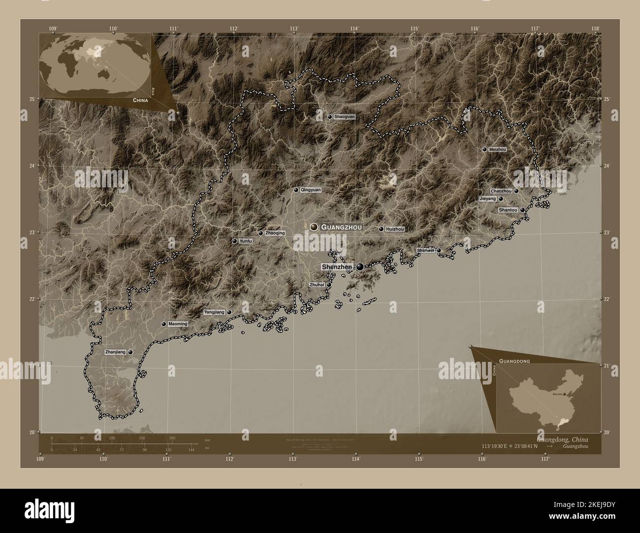 Guangdong, province of China. Elevation map colored in sepia tones with ...