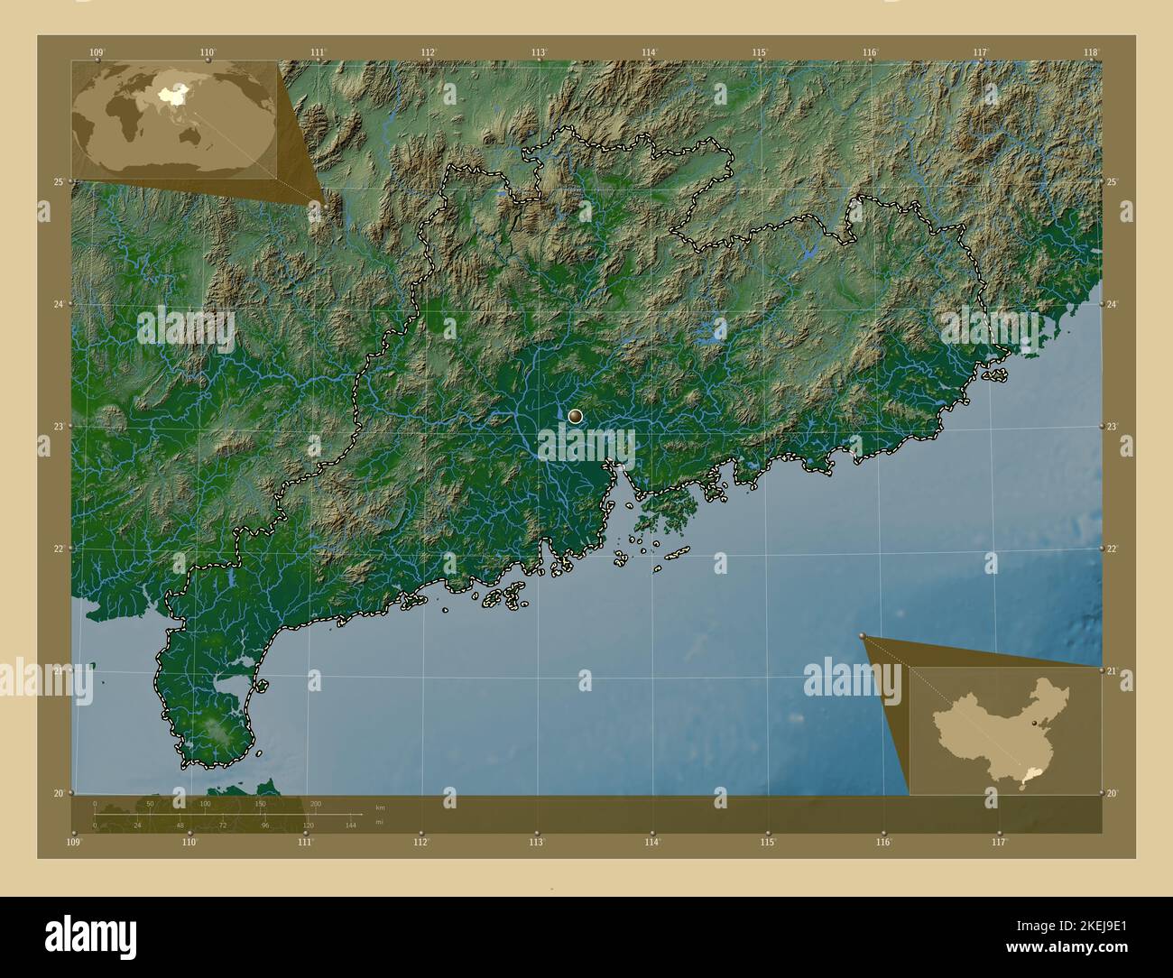 Guangdong, province of China. Colored elevation map with lakes and ...