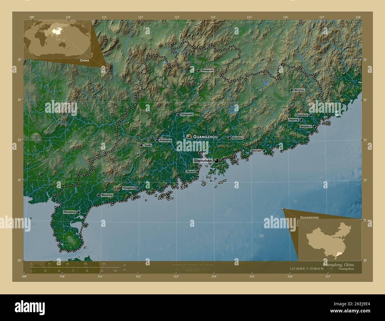 Guangdong, province of China. Colored elevation map with lakes and ...