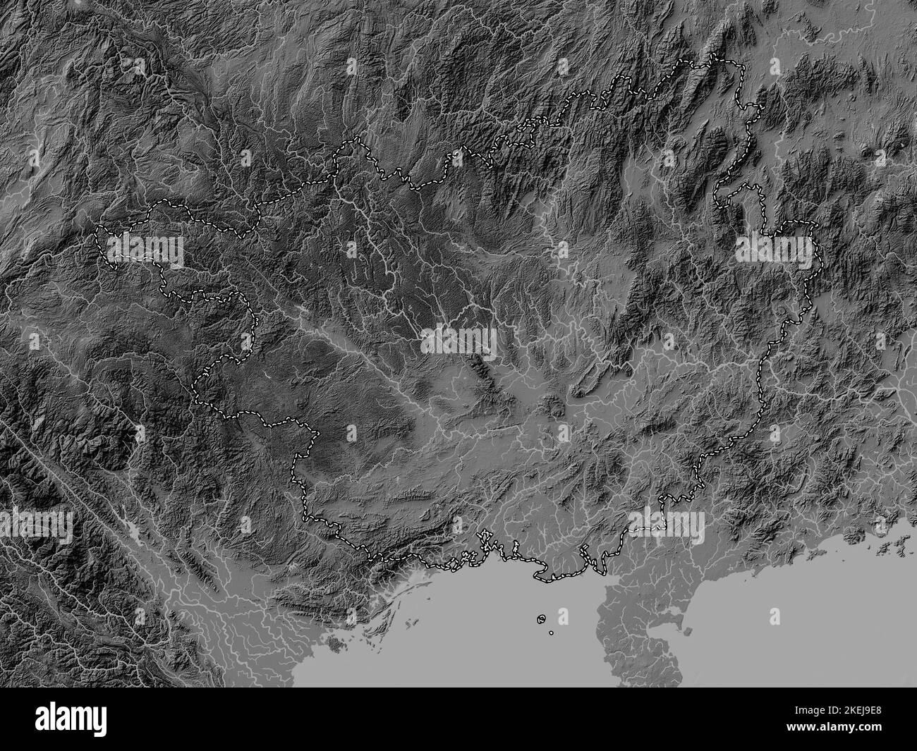 Guangxi, autonomous region of China. Bilevel elevation map with lakes ...