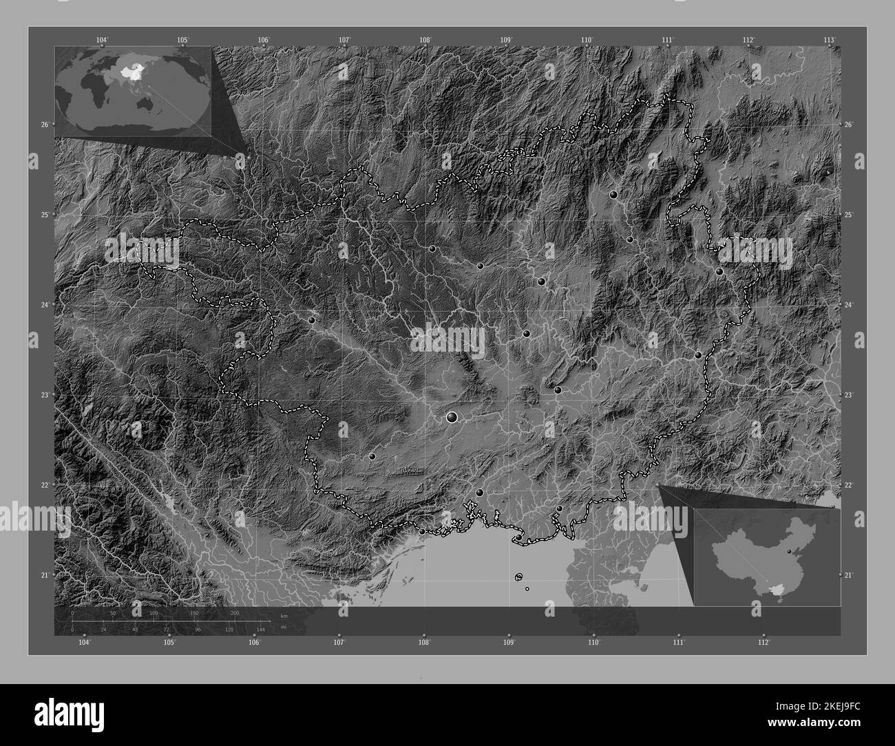 Guangxi, autonomous region of China. Bilevel elevation map with lakes ...