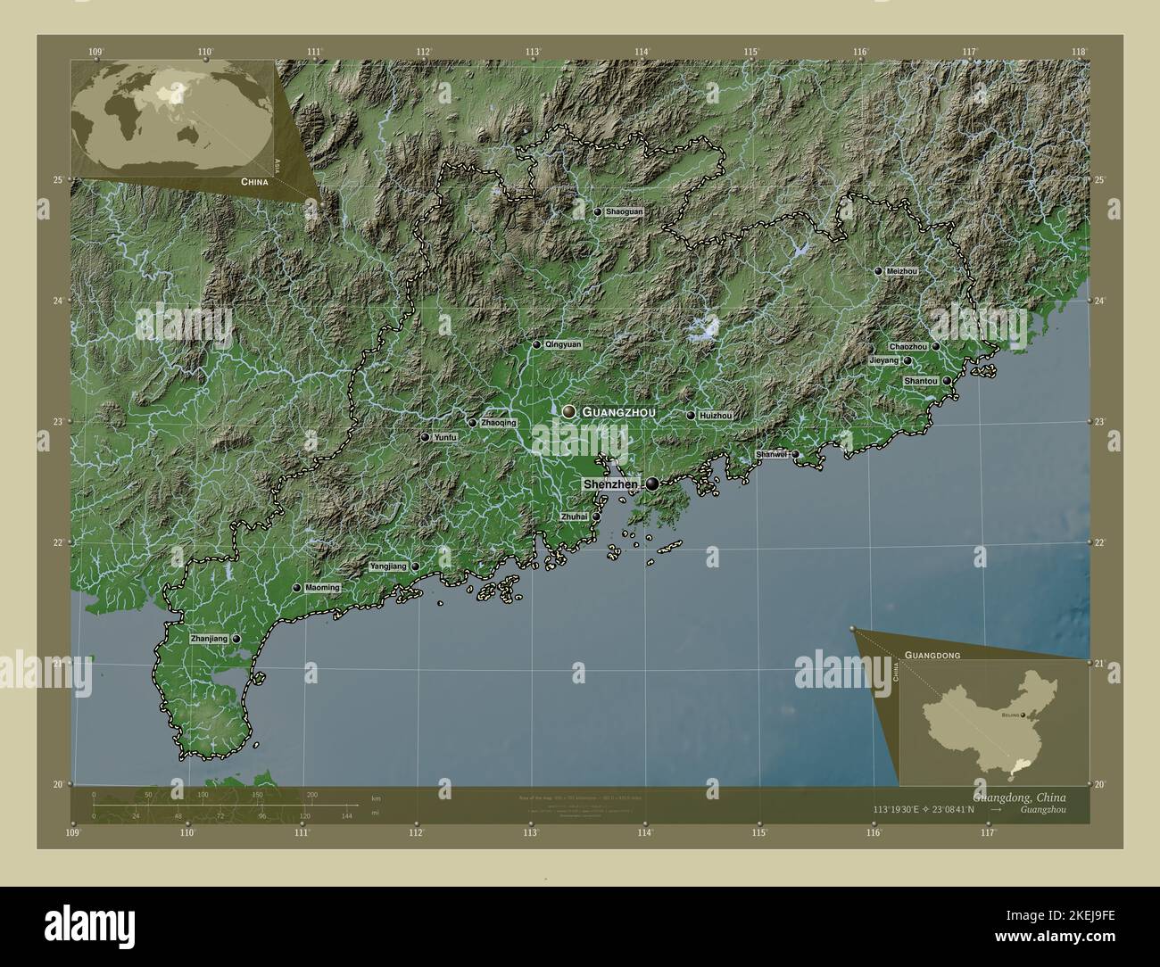 Guangdong, province of China. Elevation map colored in wiki style with ...
