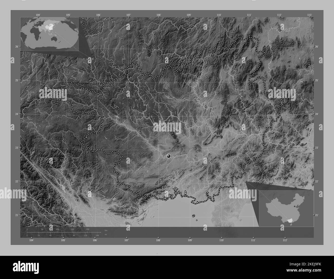 Guangxi, autonomous region of China. Grayscale elevation map with lakes ...