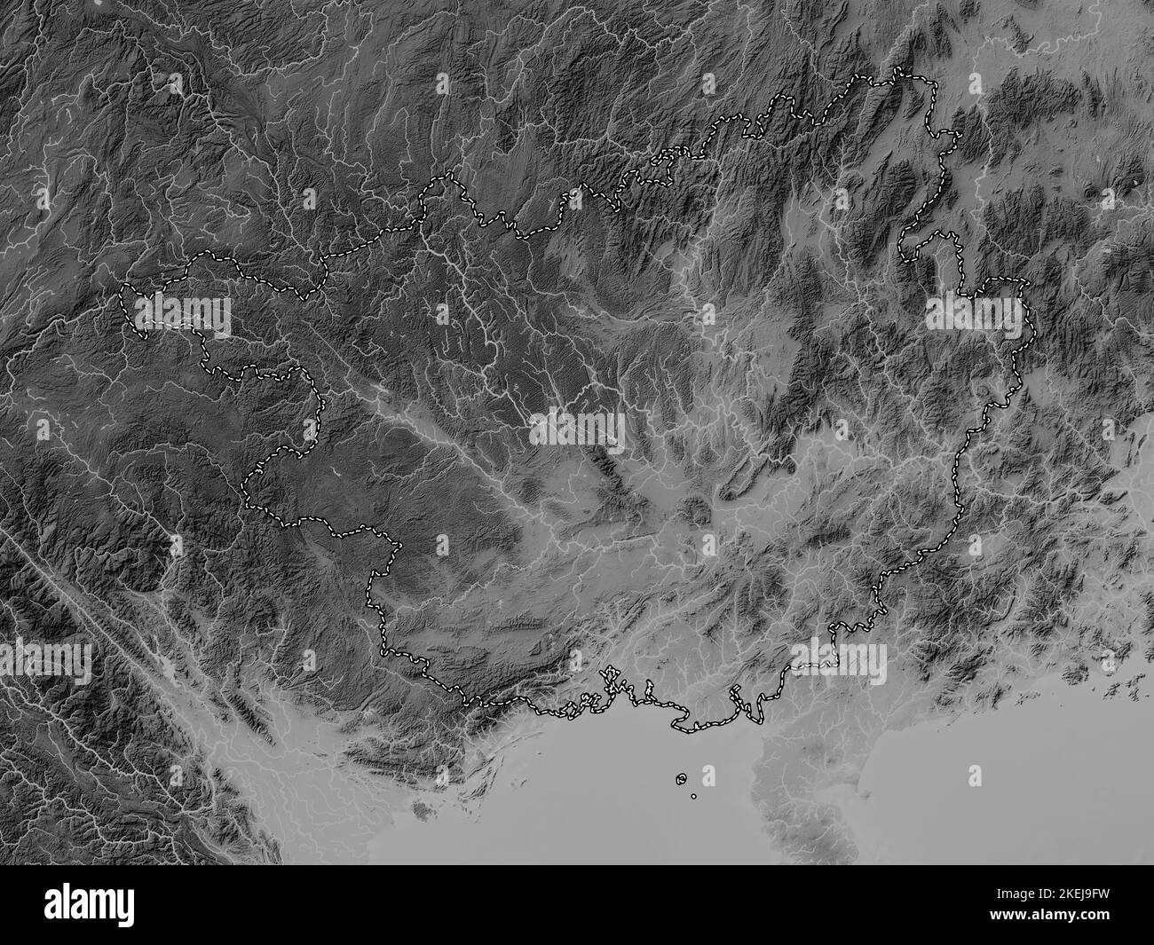 Guangxi, autonomous region of China. Grayscale elevation map with lakes ...