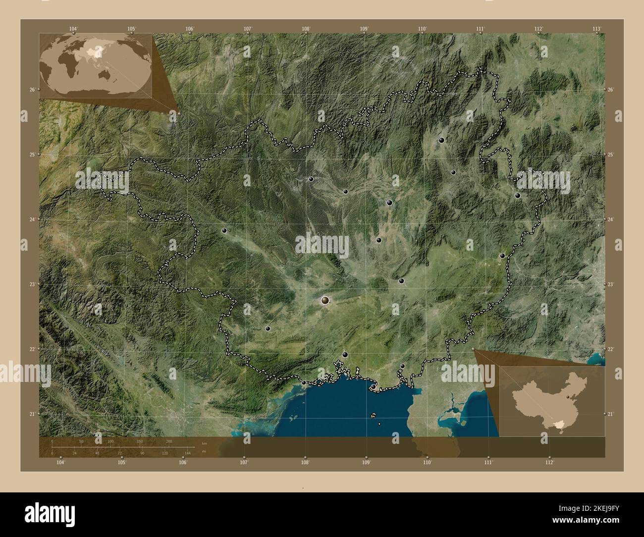 Guangxi, autonomous region of China. Low resolution satellite map ...