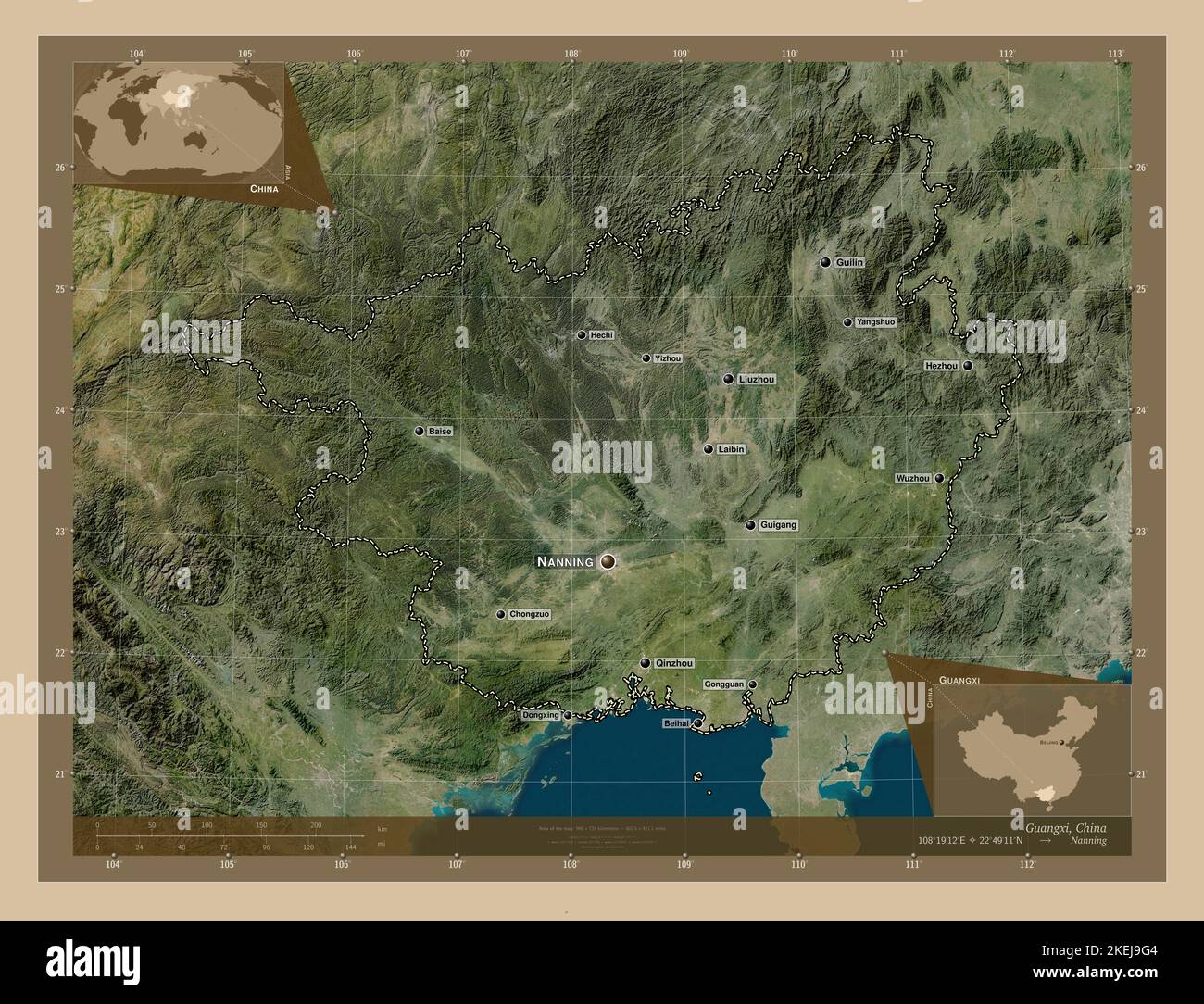 Guangxi, autonomous region of China. Low resolution satellite map ...