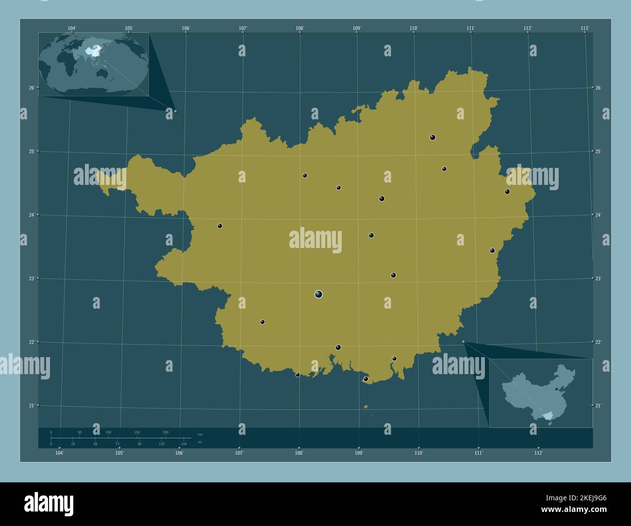Guangxi, autonomous region of China. Solid color shape. Locations of ...
