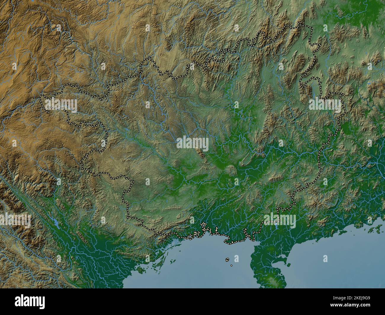 Guangxi, autonomous region of China. Colored elevation map with lakes ...