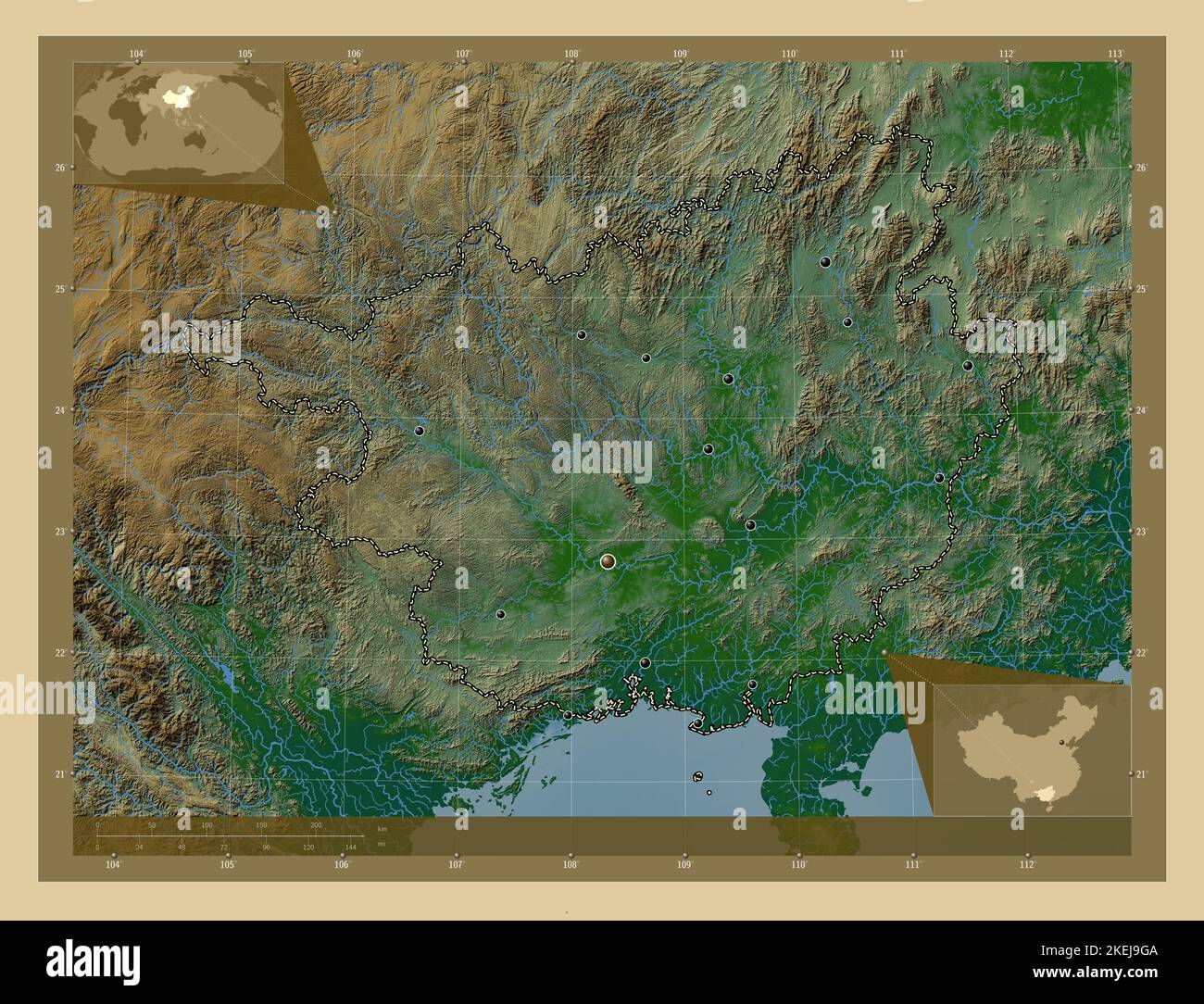 Guangxi, autonomous region of China. Colored elevation map with lakes ...