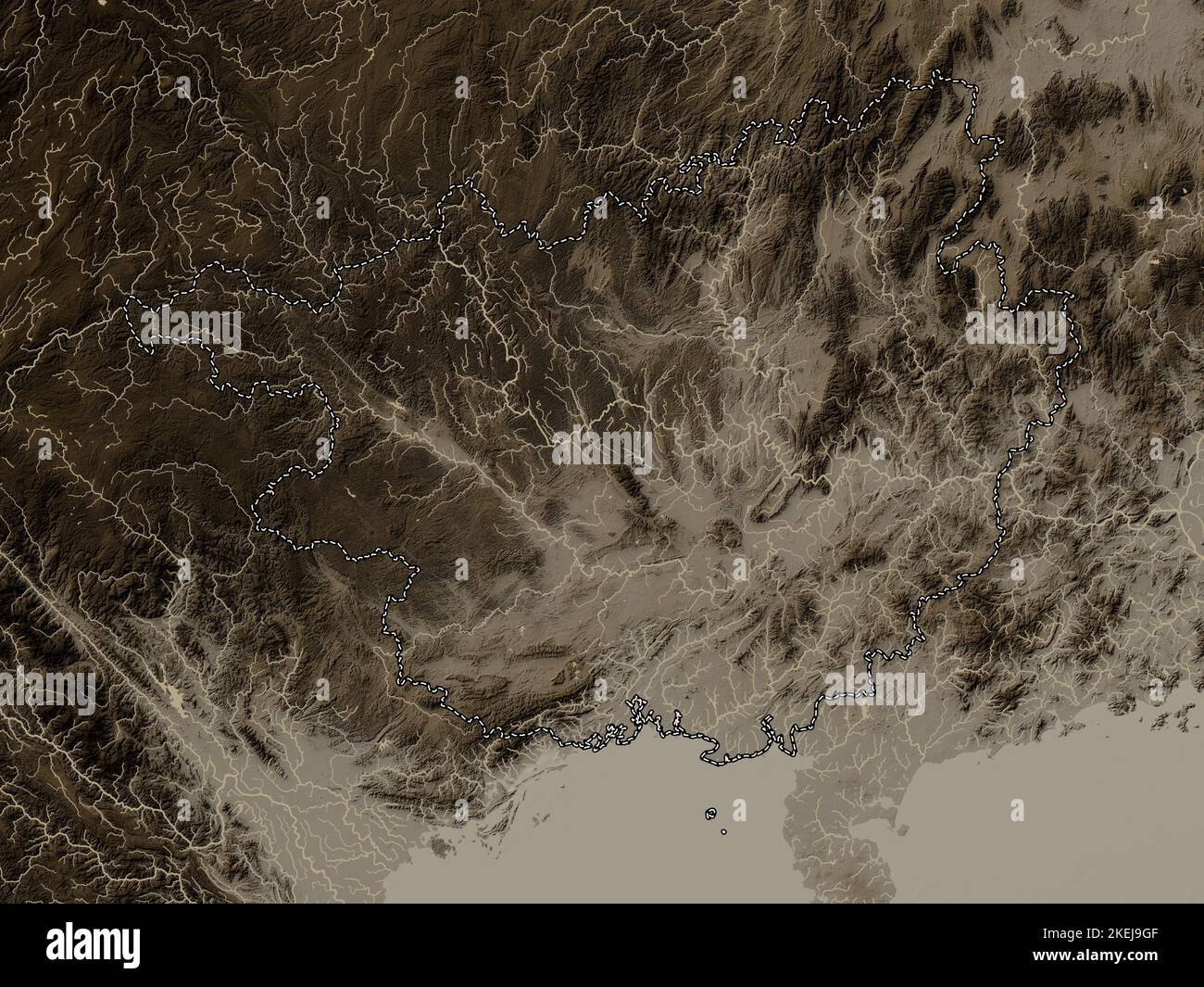 Guangxi, autonomous region of China. Elevation map colored in sepia ...
