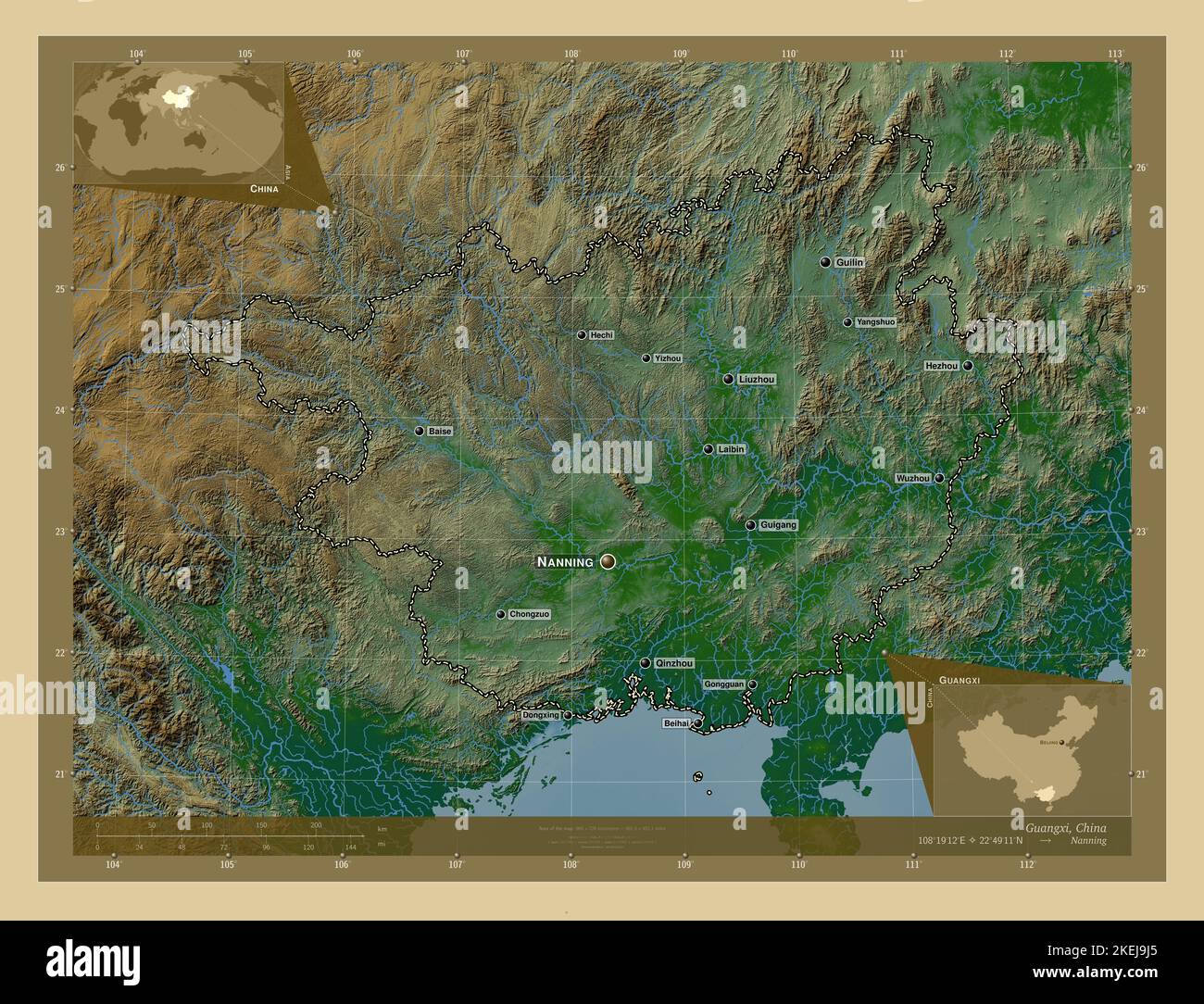 Guangxi, autonomous region of China. Colored elevation map with lakes ...