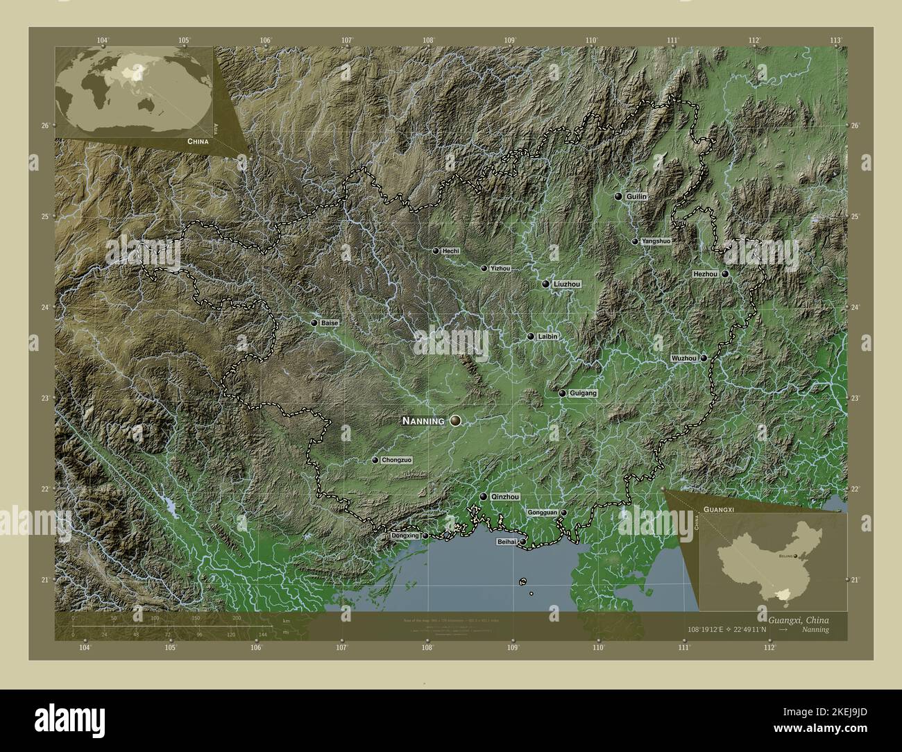 Guangxi, autonomous region of China. Elevation map colored in wiki ...