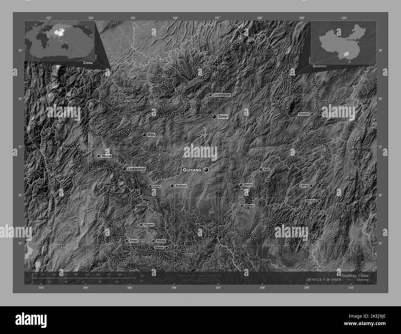 Guizhou, province of China. Bilevel elevation map with lakes and rivers ...