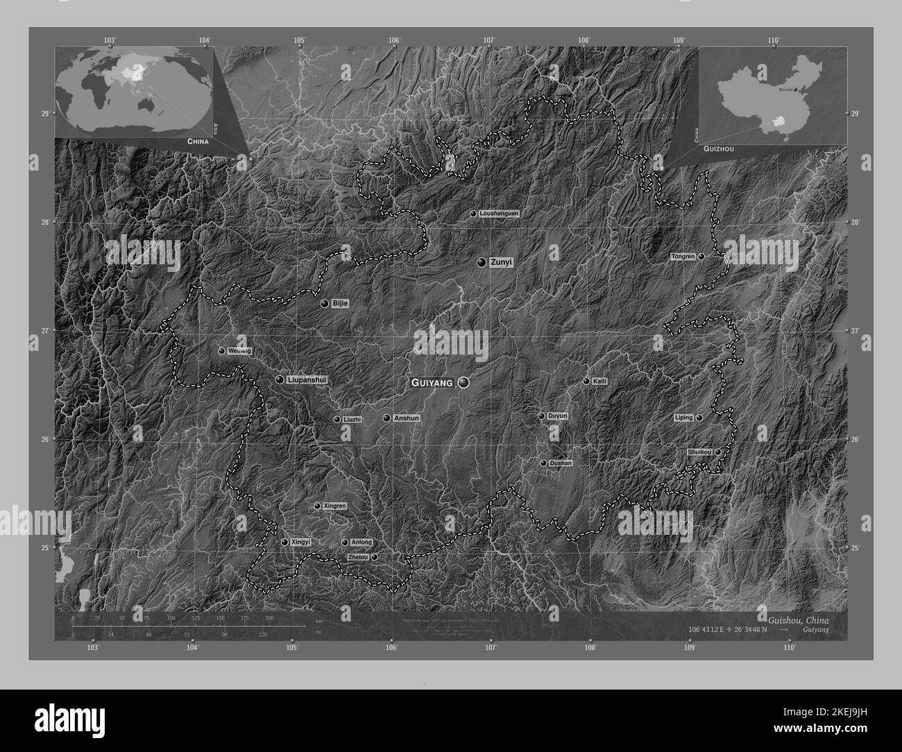 Guizhou, province of China. Grayscale elevation map with lakes and ...